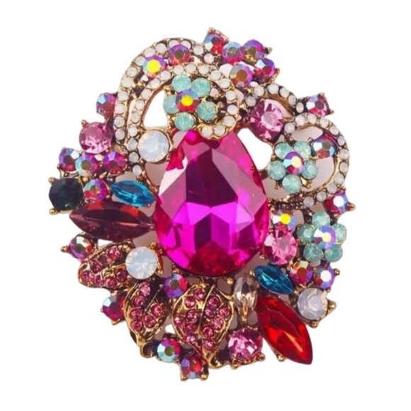 unbranded | Jewelry | Brooch Bright Pink Iridescent Crystal Gold Tone ...